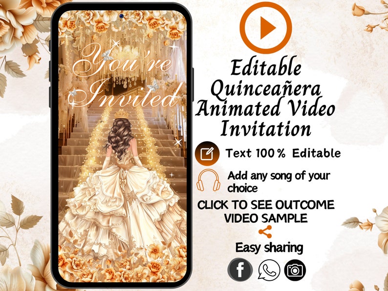 Beige Quinceañera Animated Video Invitation: Editable Champagne Design ...