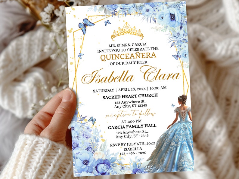 Light Blue Quinceanera Invitation EDITABLE Floral Sweet 15 Birthday ...