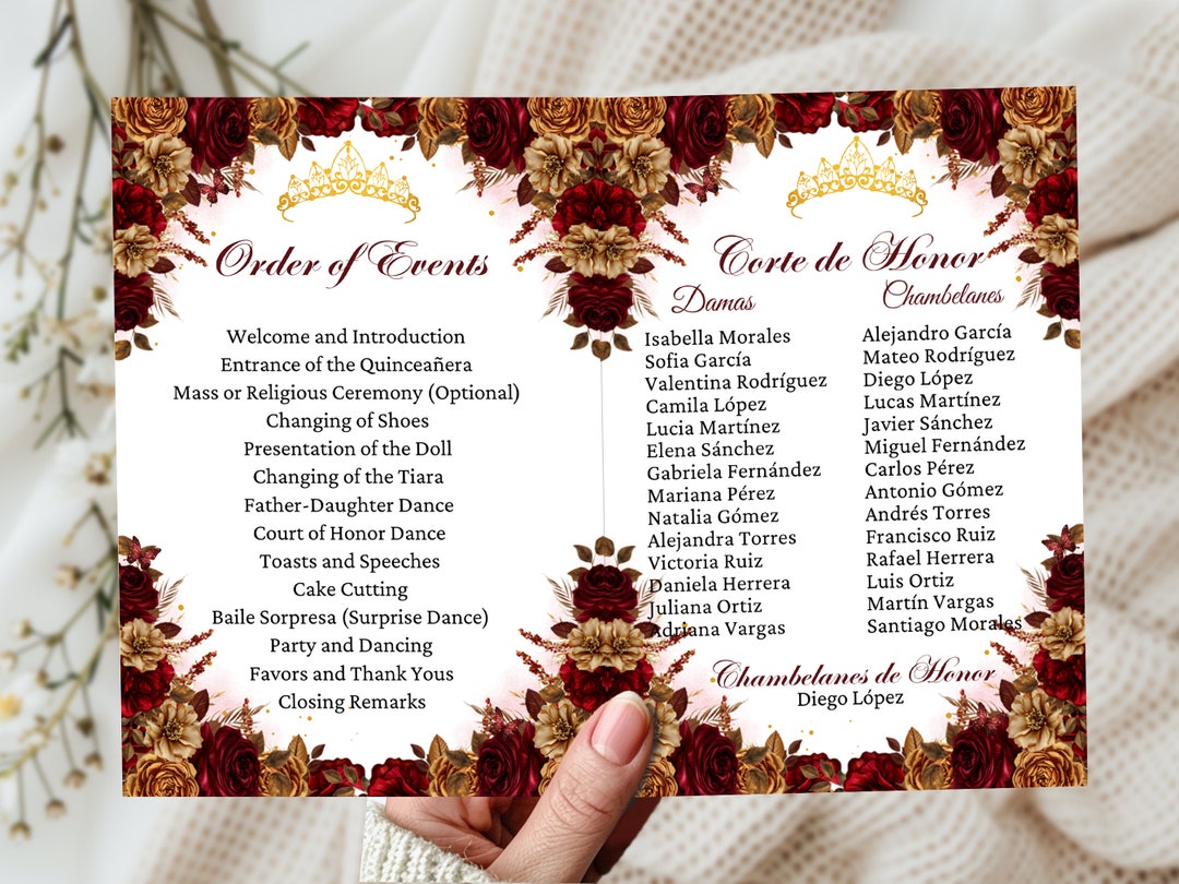 Burgundy Red and Gold Quinceanera Program Template Quinceañera Order of ...