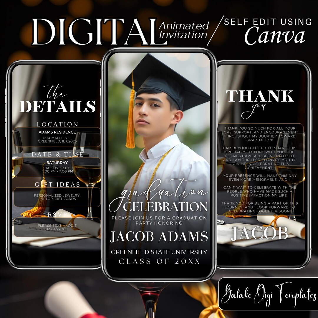 Black and Gold Graduation Invitation Digital Luxury Animated Grad Video ...