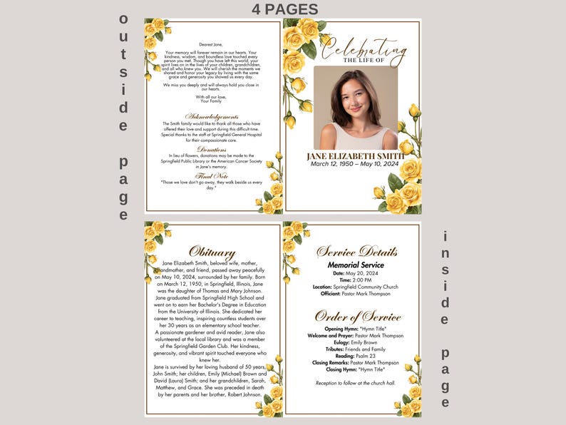 Celebration of Life Invitation: 4 Page Program, Yellow Unisex Funeral ...