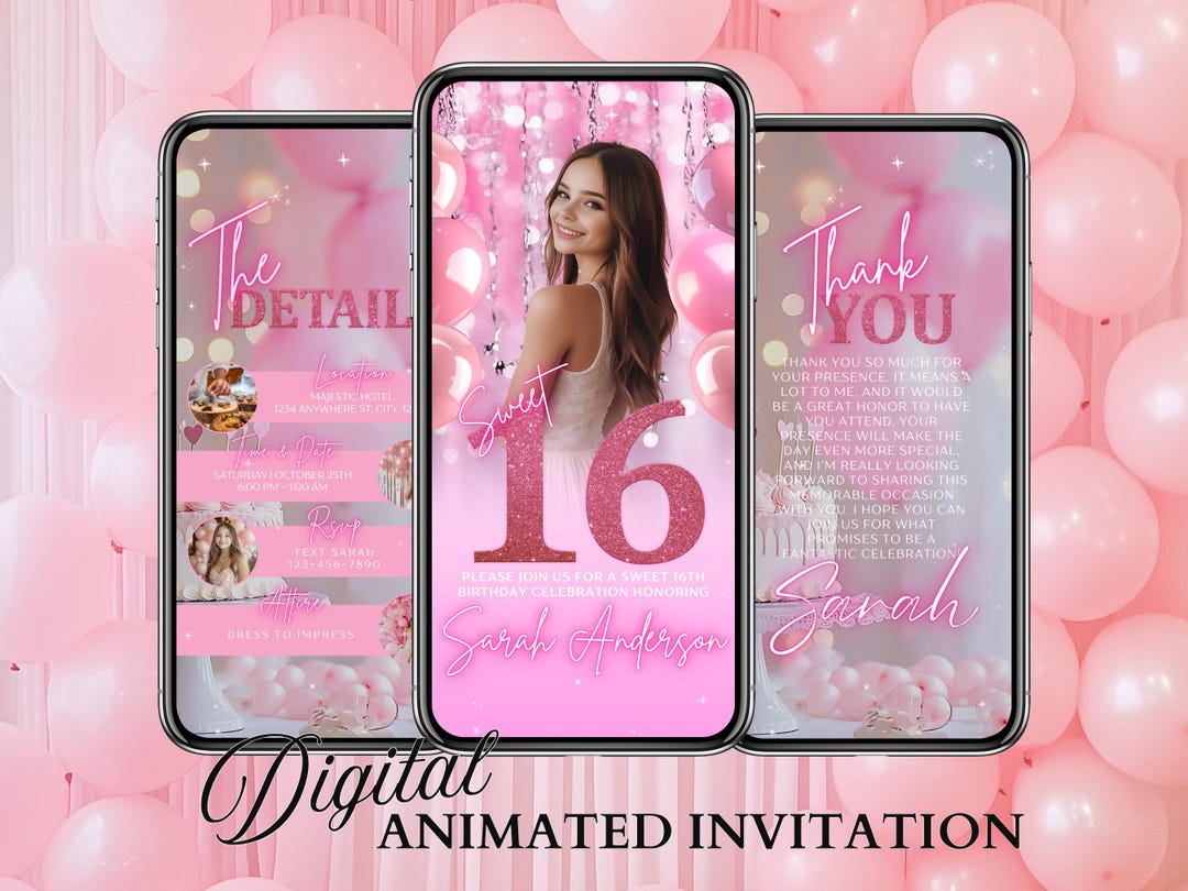 Sweet 16 Birthday Invitation, Animated 16th Bday Party Invite, Sixteen ...
