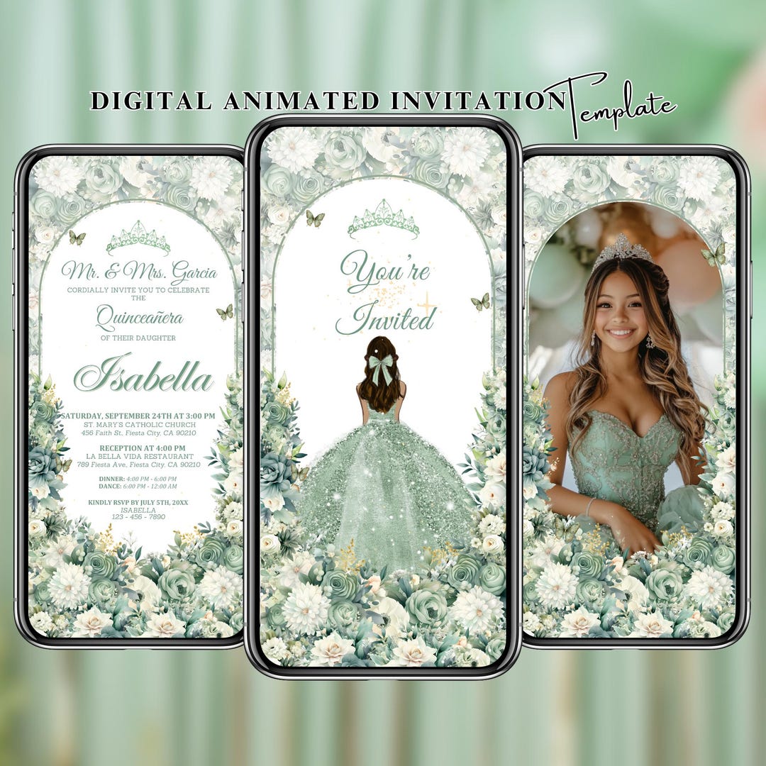 Sage Green Animated Quinceanera Invitation: Mis XV, Digital 15 Años ...
