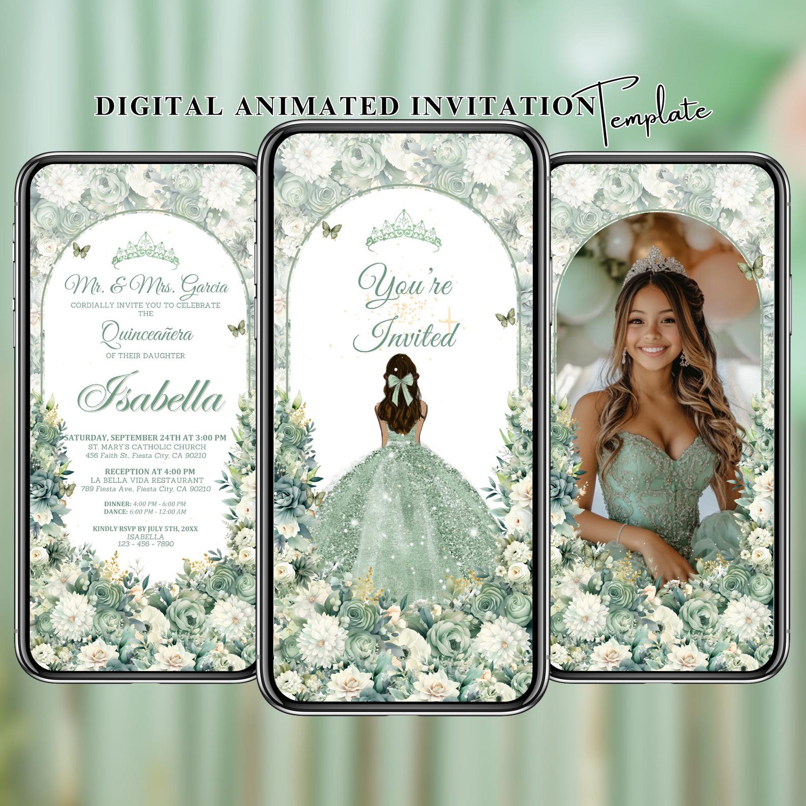Sage Green Animated Quinceanera Invitation: Mis XV, Digital 15 Años ...