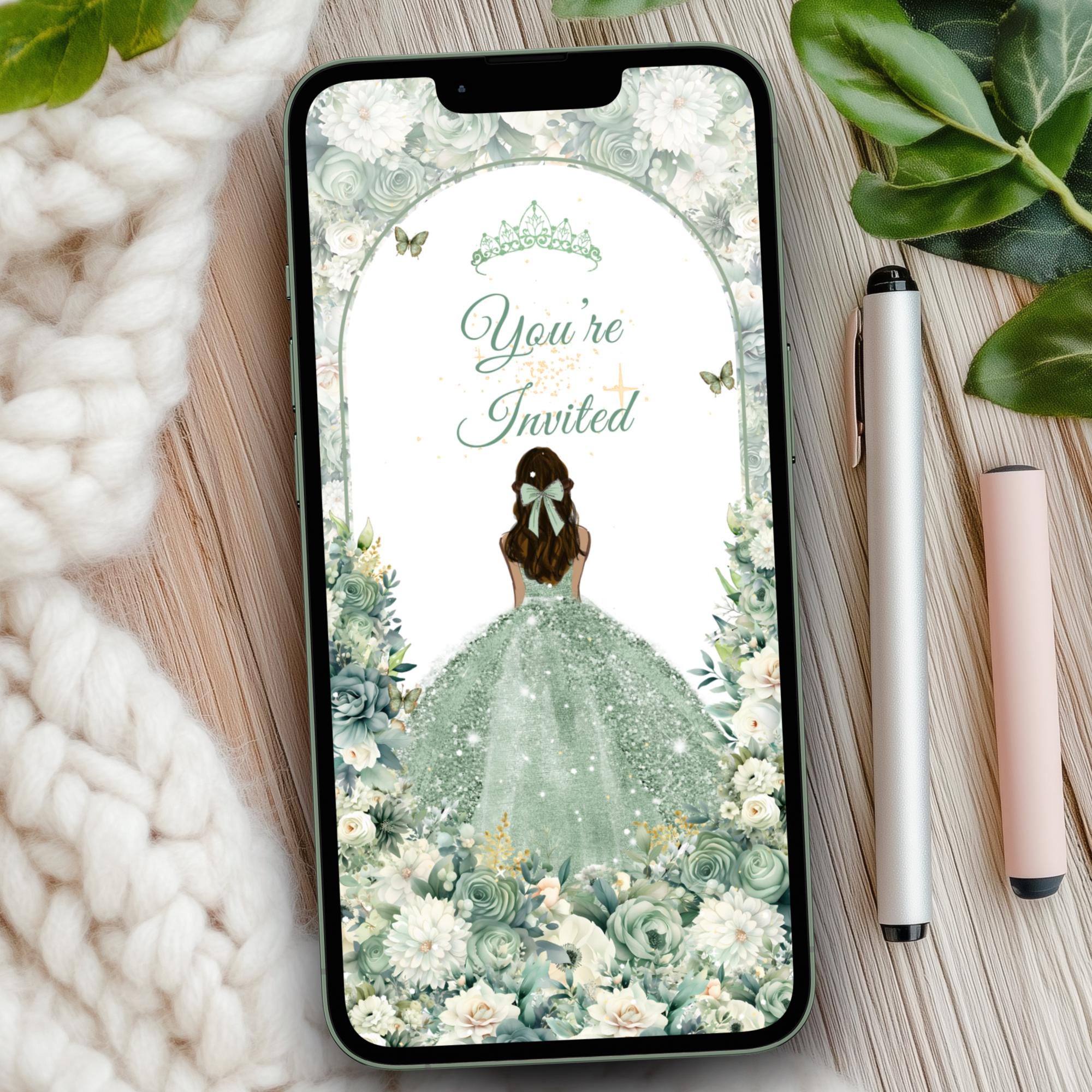 Sage Green Animated Quinceanera Invitation: Mis XV, Digital 15 Años ...