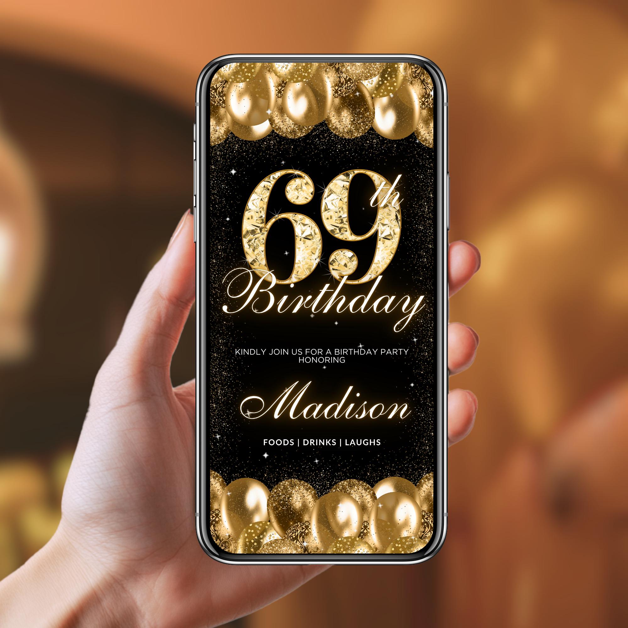 69th Birthday Invitation, Gold Birthday Party Invite, Text Birthday ...