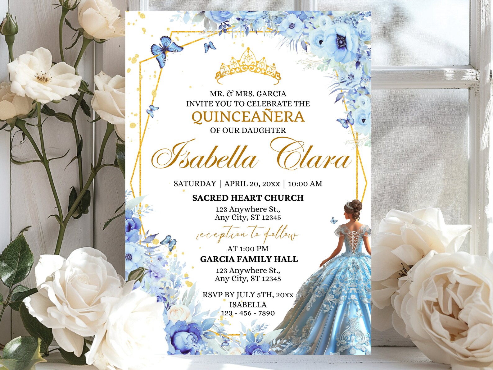 Light Blue Quinceanera Invitation EDITABLE Floral Sweet 15 Birthday ...