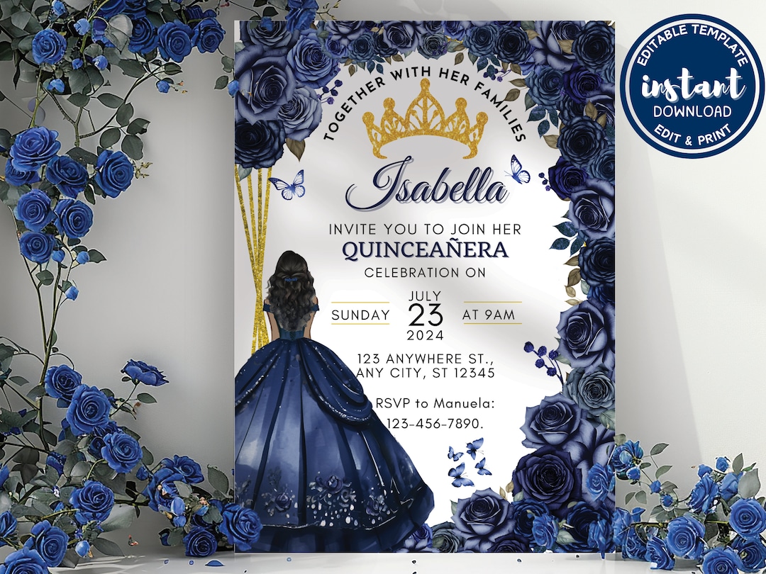 Navy Blue Quinceanera Invitation Sweet 15 Birthday Party Floral Mis ...