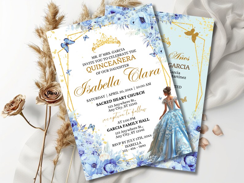 Light Blue Quinceanera Invitation EDITABLE Floral Sweet 15 Birthday ...