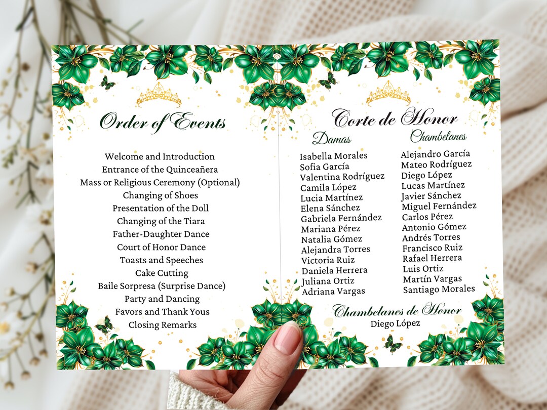 Green Quinceanera Program Template Quinceañera Order of Events Quince ...