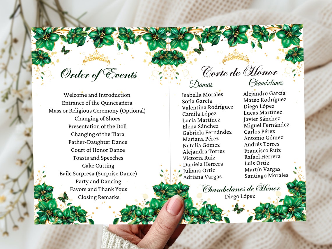 Green Quinceanera Program Template Quinceañera Order of Events Quince ...