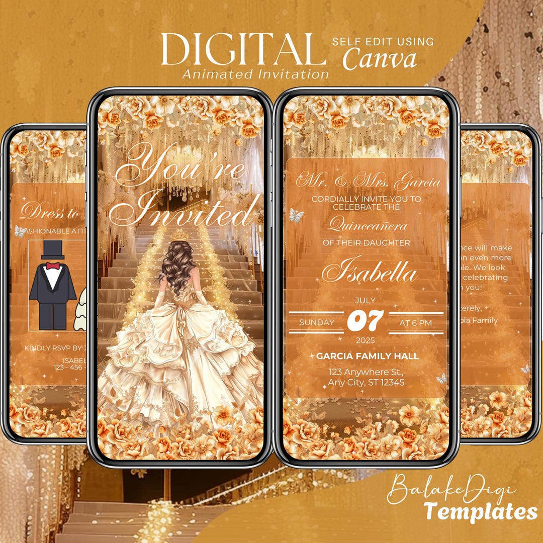 Champagne Quinceanera Invitation Digital: Animated Mis XV Template, 15 ...