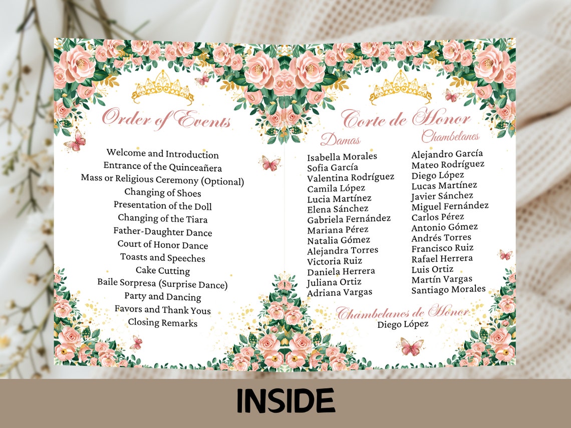 Blush Pink Quinceanera Program Template, Editable Mis XV Anos Order of ...