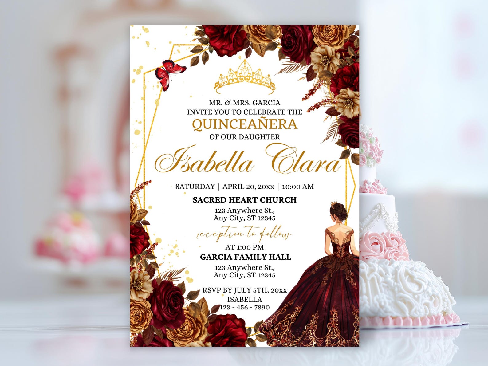 Burgundy Red Floral Quinceañera Invitation: Sweet 15 XV (digital ...