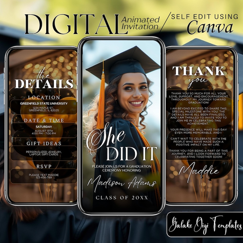 Black and Gold Graduation Invites, Digital Download, Video Evite ...
