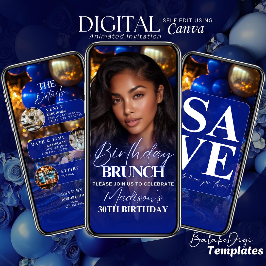 Navy Blue Birthday Brunch Invitation Digital: Animated Birthday Dinner ...