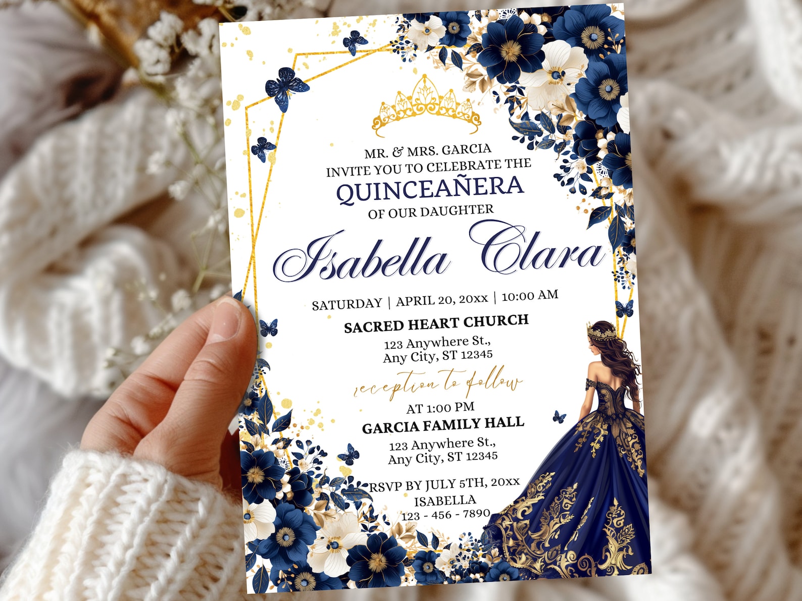 Navy Blue Quinceañera Invitation: Elegant Floral XV Invite (digital) - Etsy