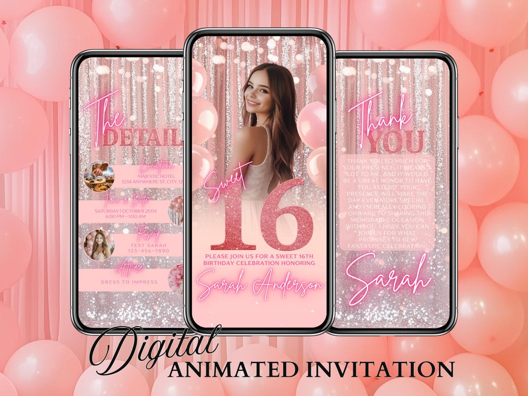 Sweet 16 Birthday Invitation, Animated 16th Bday Party Invite, Sixteen ...