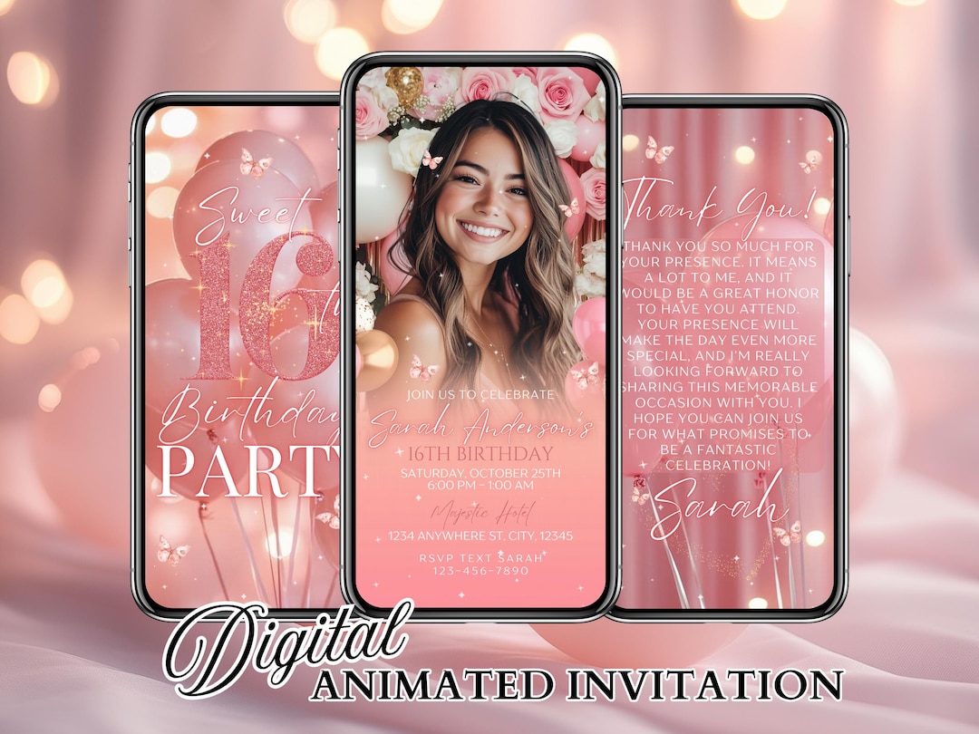 Digital Sweet 16th Birthday Invitation, Animated Sweet Sixteen Party ...