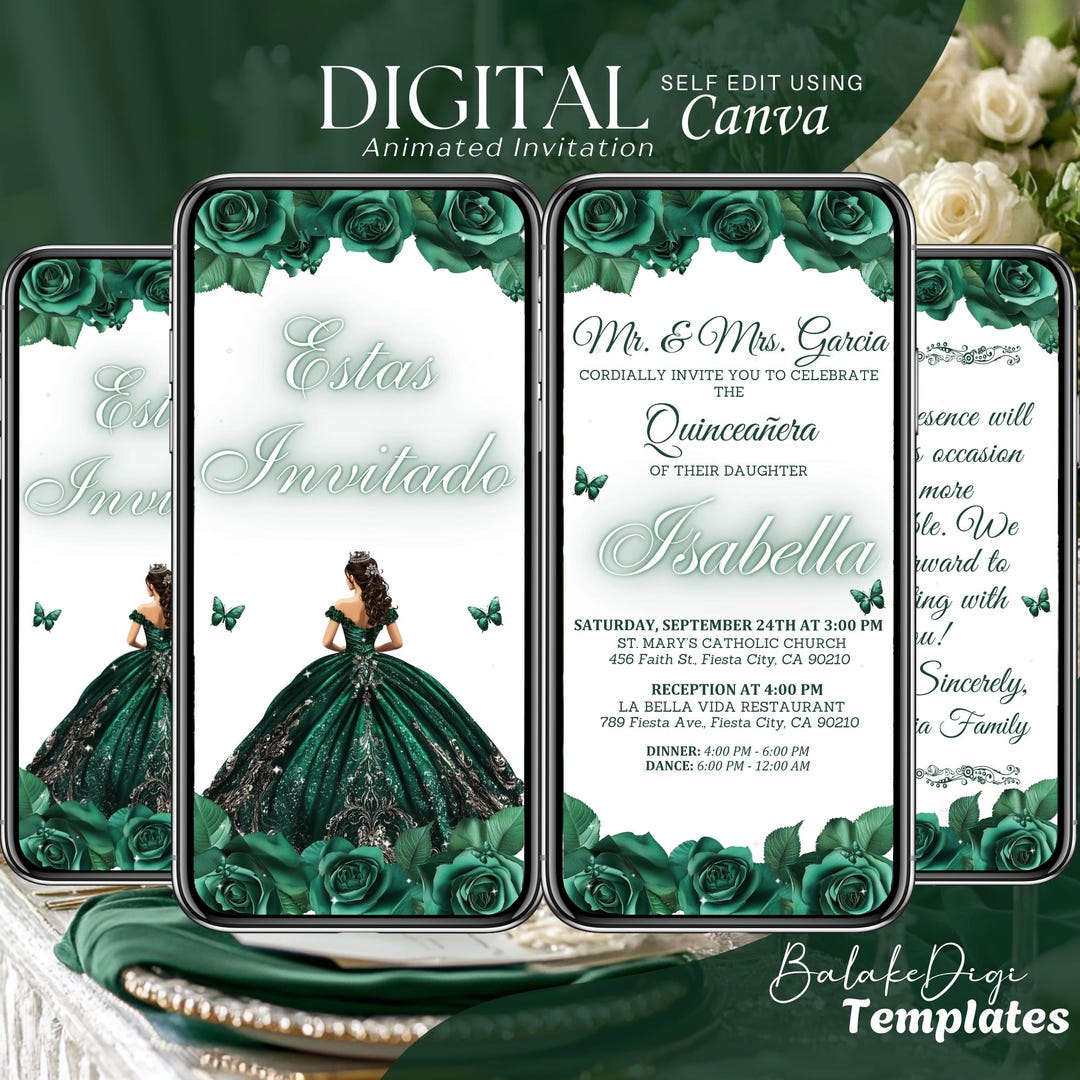 Emerald Green Quinceanera Invitation Digital, Animated Mis XV Template ...