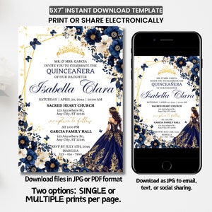 Navy Blue Quinceanera Invitation, Mis XV Anos Canva, Quince Invites ...