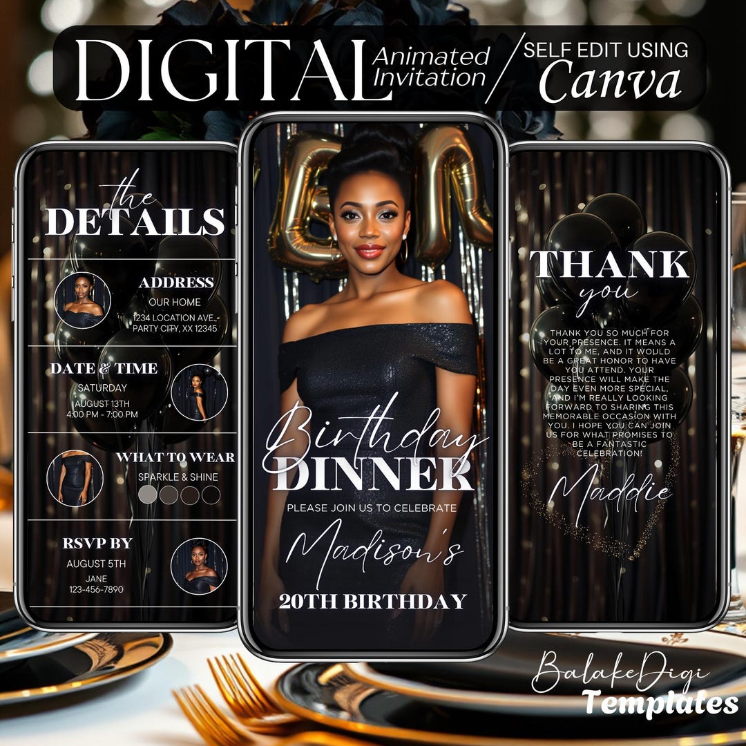 All Black Birthday Invitation Digital: Animated Birthday Dinner Invite ...