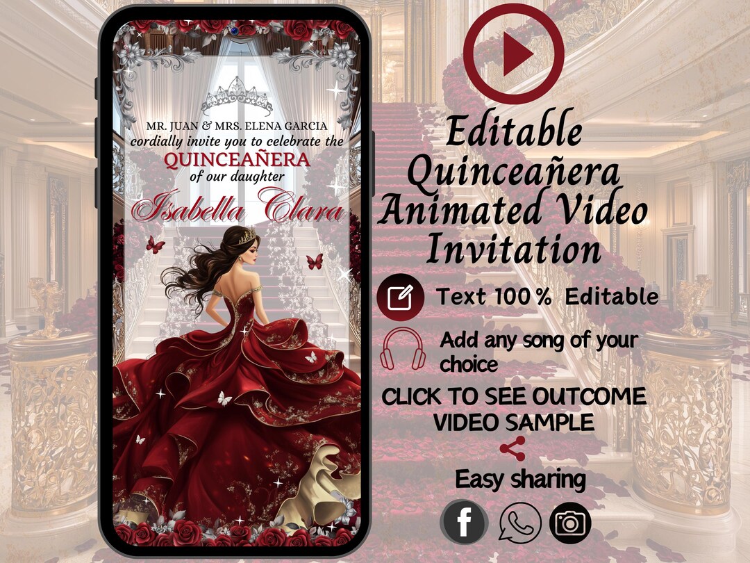 Burgundy Quinceañera Video Invitation: Animated XV Birthday Evite ...