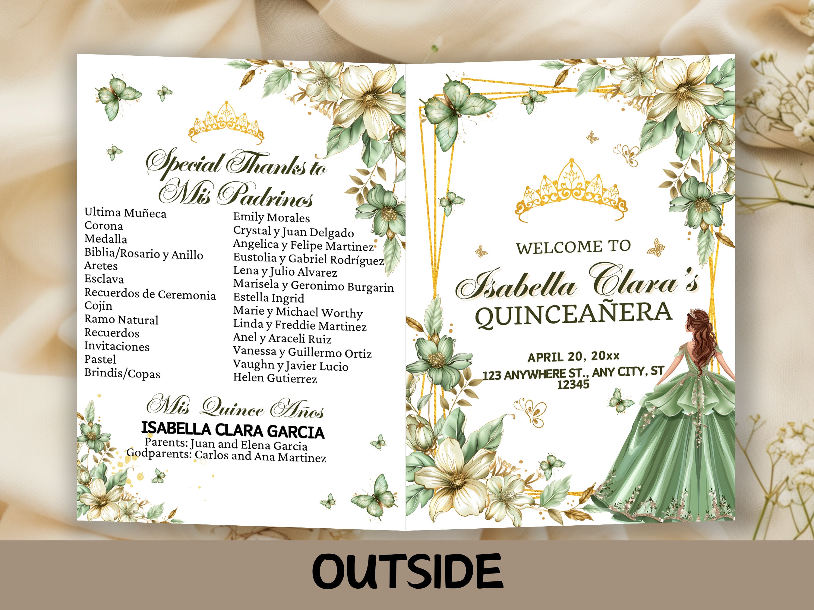 Sage Green Quinceanera Program Template, Editable Mis XV Anos Order of ...