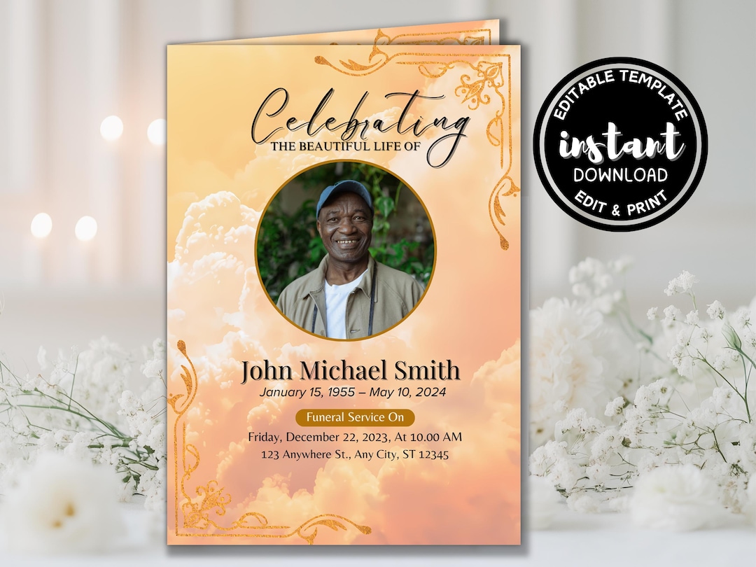 Orange Funeral Program Template: 4 Page Obituary, Unisex Celebration of ...