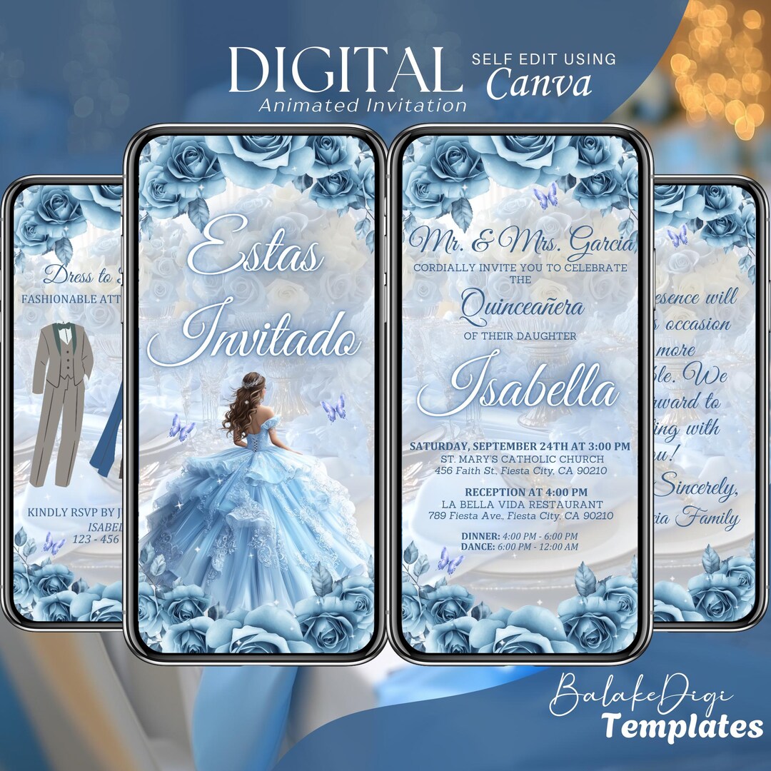 Light Blue Quinceanera Invitation Digital, Animated Mis XV Template, 15 ...