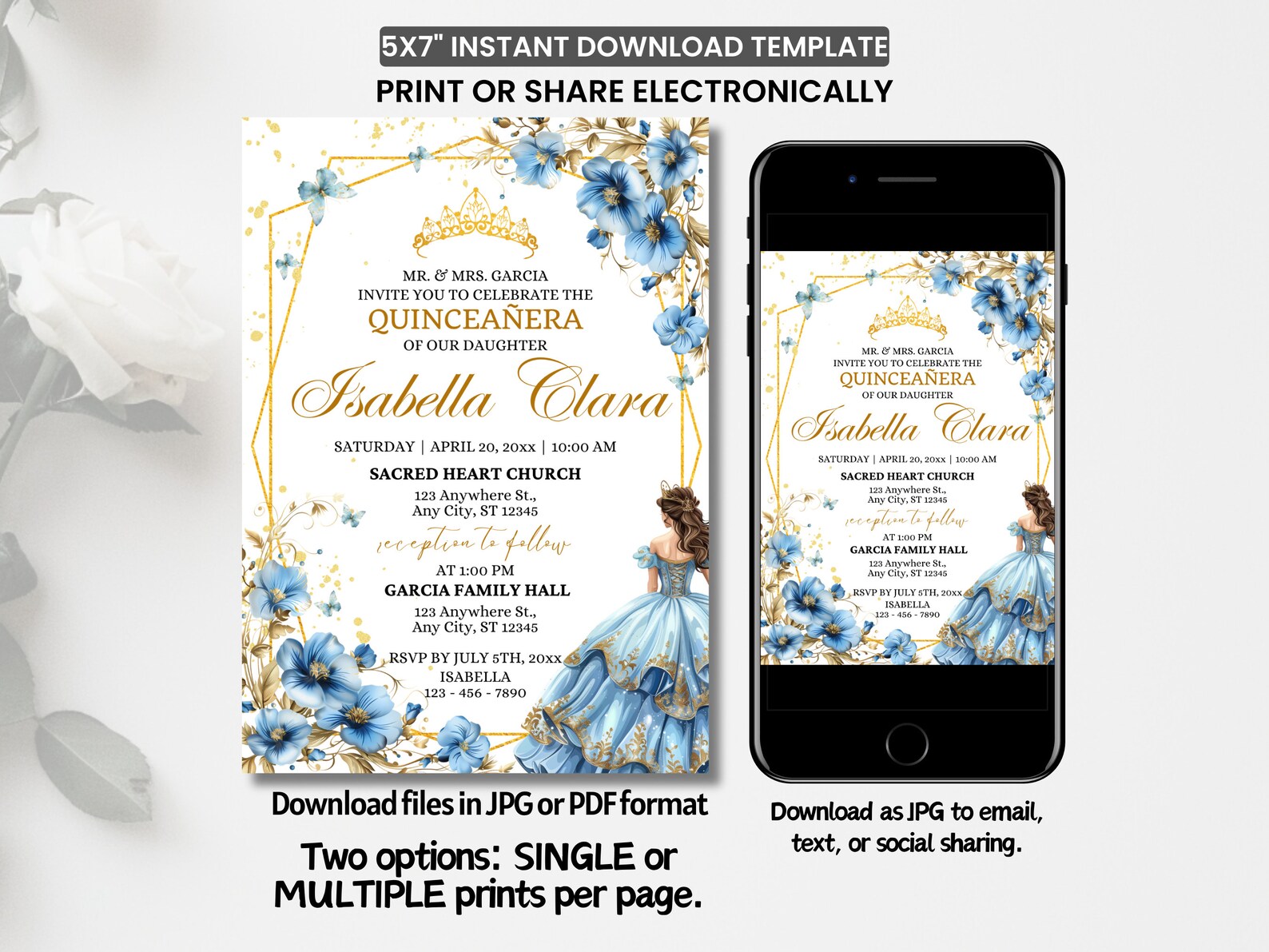 Baby Blue Quinceanera Invitation Editable Floral Sweet 15 Birthday ...