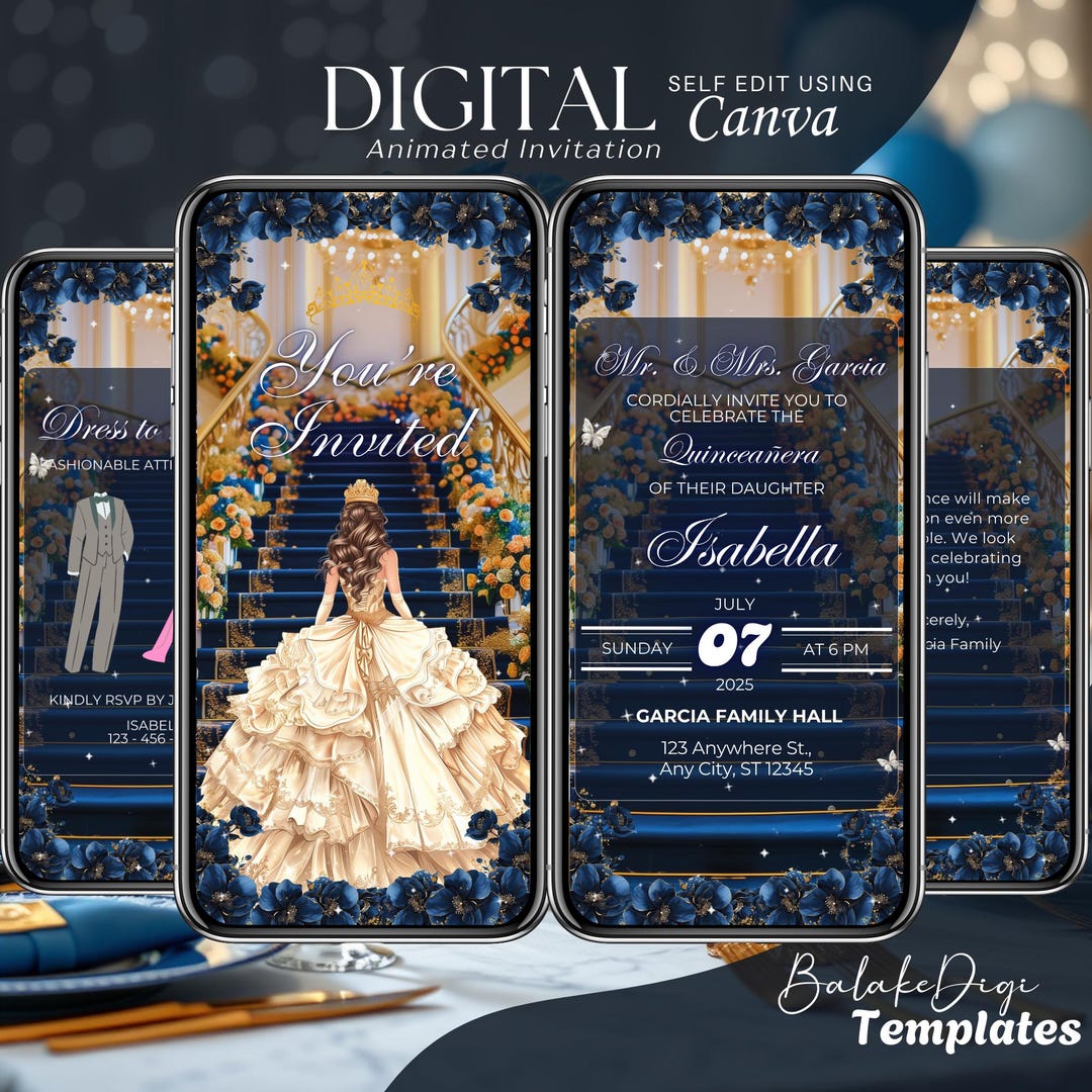 Navy Blue Quinceanera Invitation Digital, Animated Mis XV Template, 15 ...
