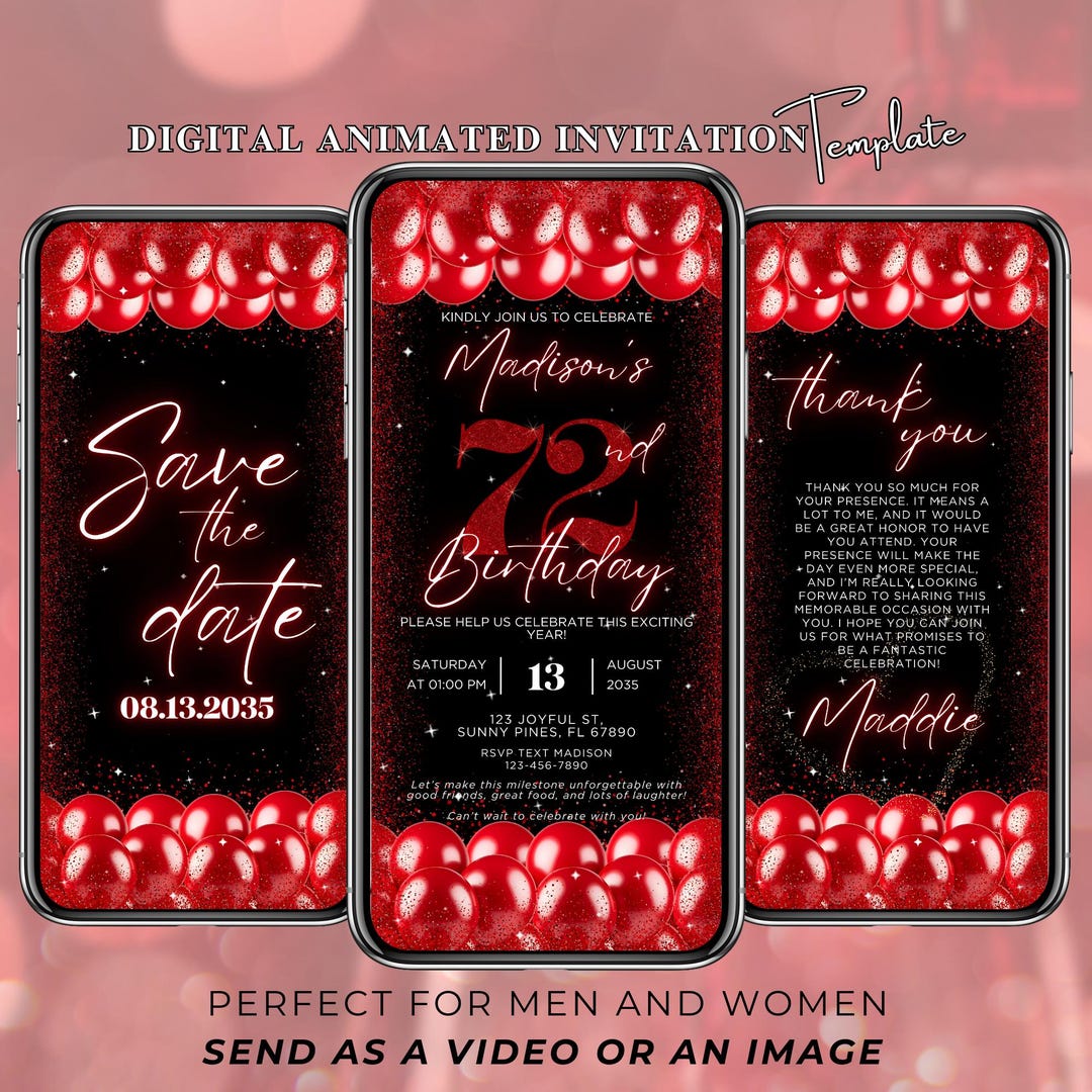 72nd Birthday Animated Invitation Personalized Digital Red Balloon ...