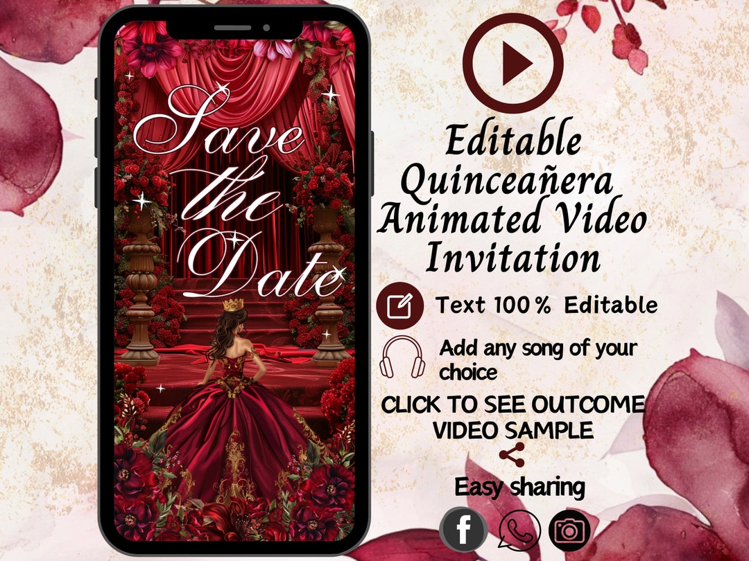 Burgundy Animated Quinceanera Invitation: Editable Video Invite ...