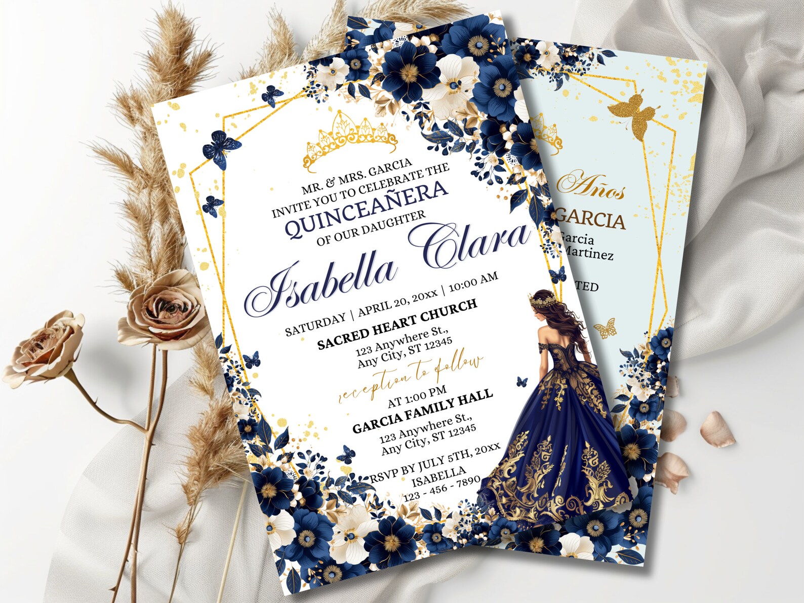 Navy Blue Quinceanera Invitation, Mis XV Anos Canva, Quince Invites ...