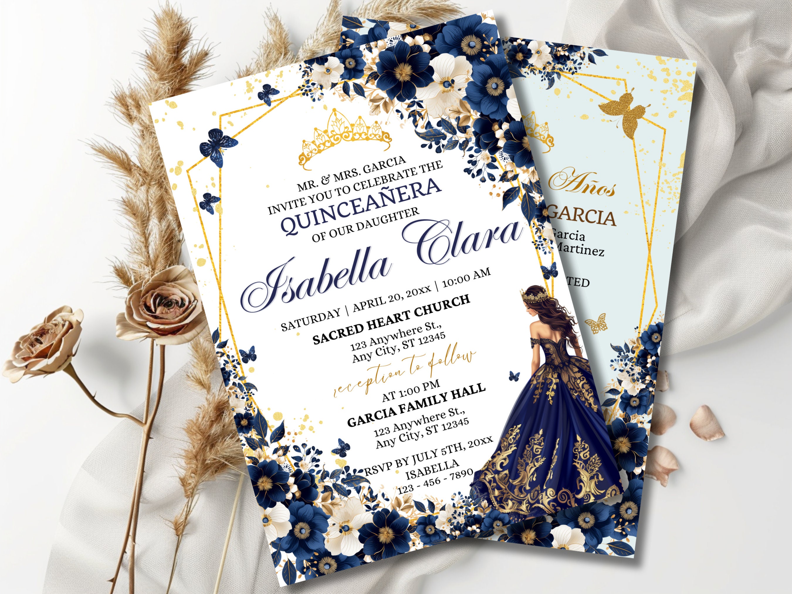 Navy Blue Quinceañera Invitation: Elegant Floral XV Invite (digital) - Etsy
