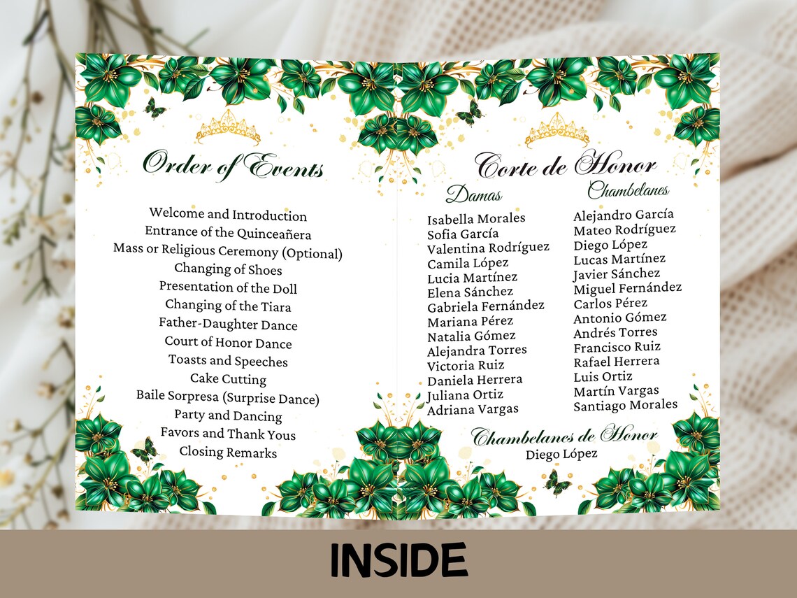 Green Quinceanera Program Template Quinceañera Order of Events Quince ...