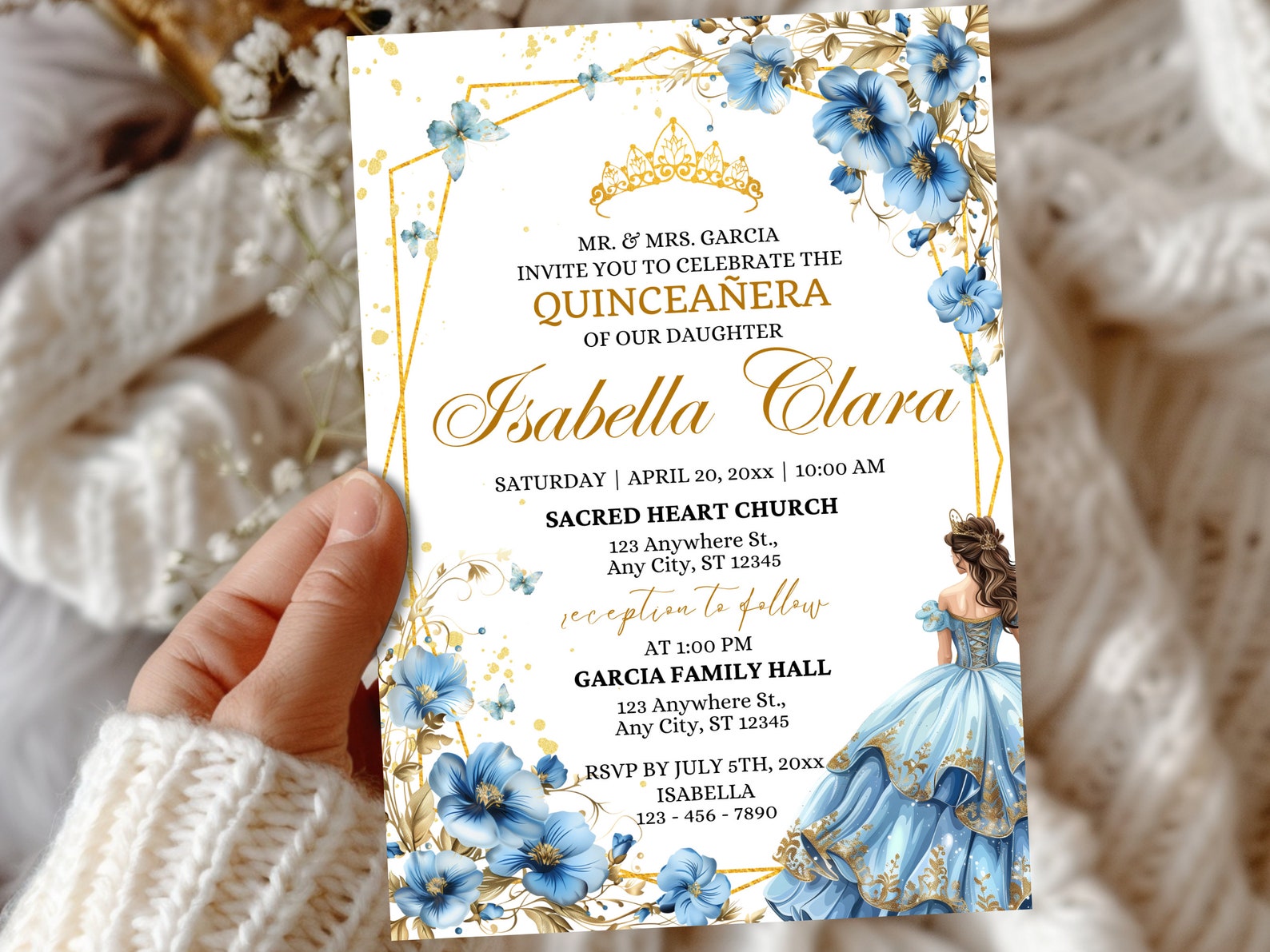 Baby Blue Quinceanera Invitation Editable Floral Sweet 15 Birthday ...