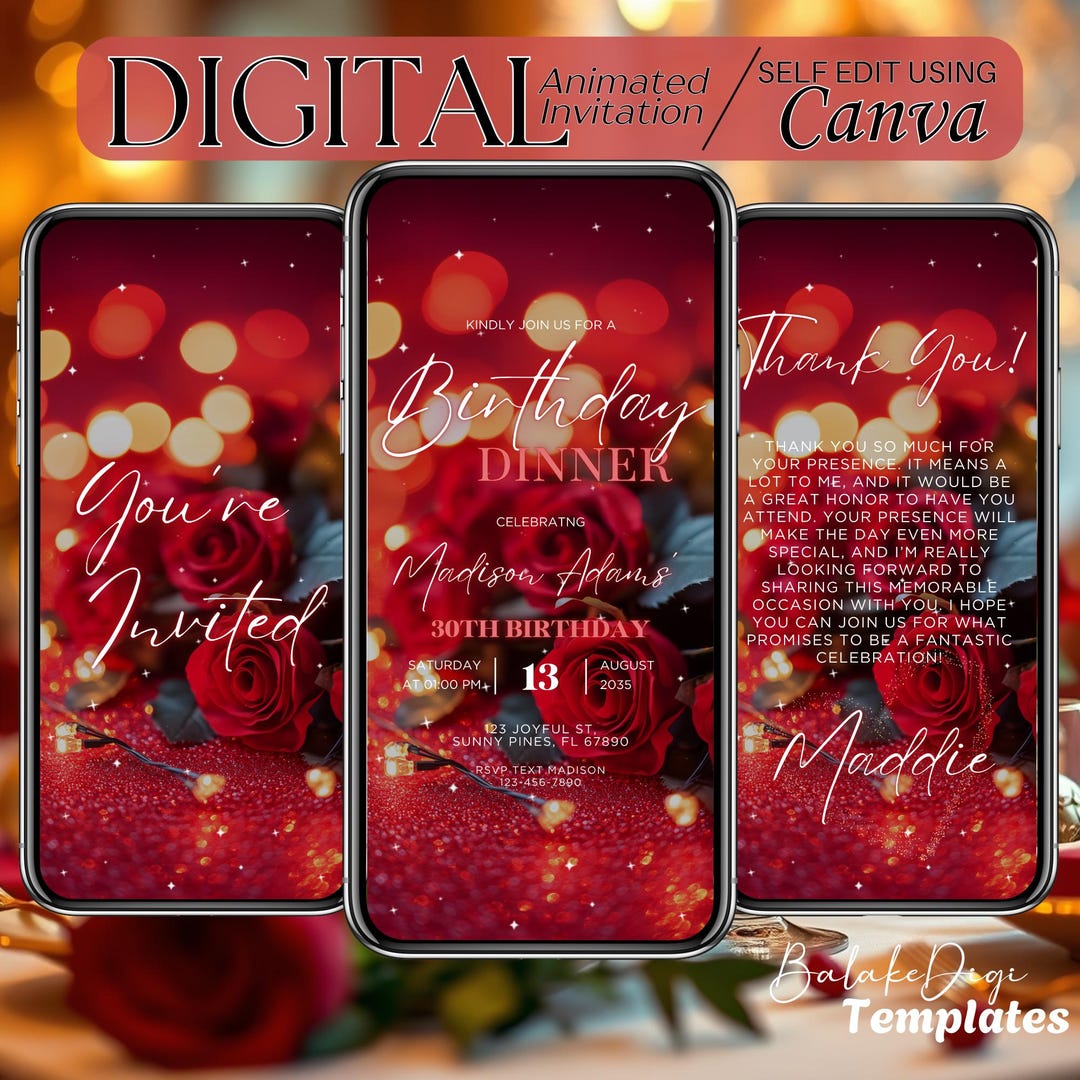 Red Roses Birthday Invitation, Birthday Dinner Invite, Birthday Brunch ...