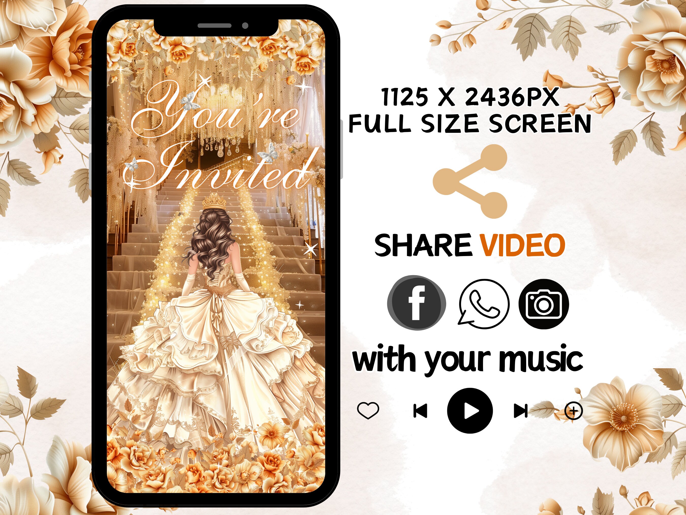 Beige Quinceañera Animated Video Invitation: Editable Champagne Design ...