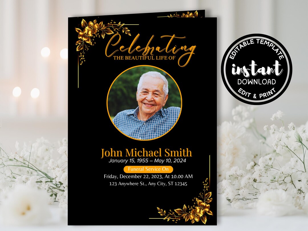 Black and Gold Funeral Program, Funeral Order of Service, Memorial ...