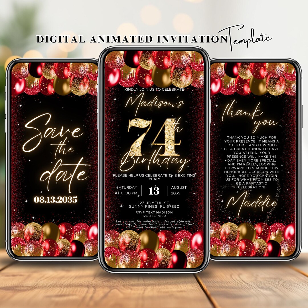 74th Animated Birthday Video Invitation Digital Red Gold Balloons Text ...