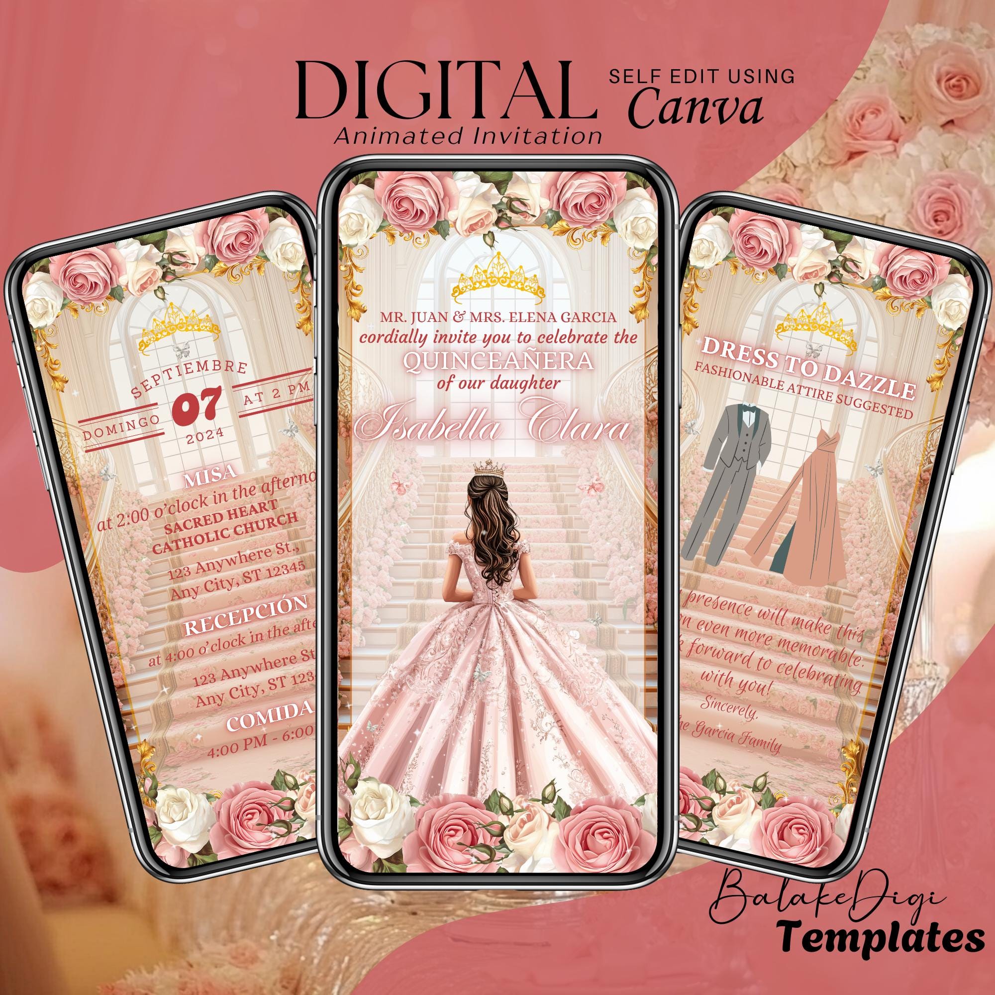Blush Pink Quinceanera Invitation Digital, Animated Mis XV Template, 15 ...