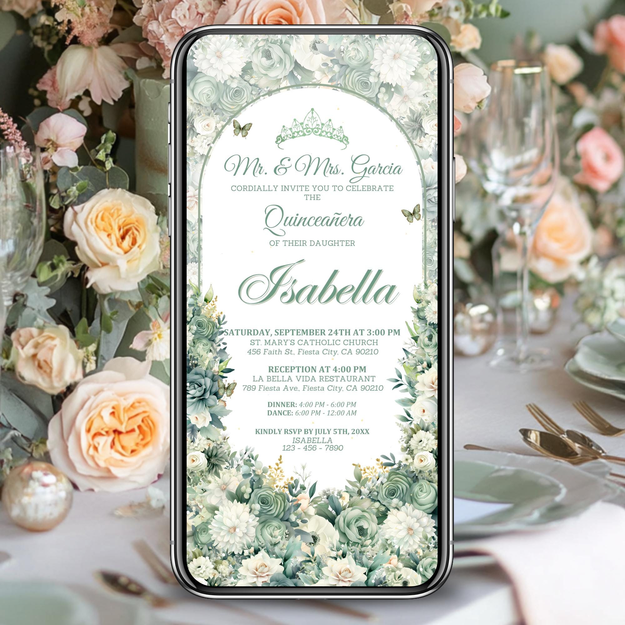Sage Green Animated Quinceanera Invitation: Mis XV, Digital 15 Años ...