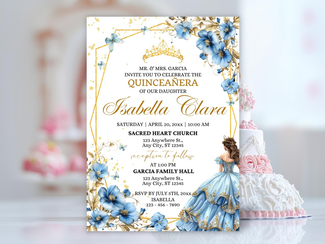 Baby Blue Quinceanera Invitation Editable Floral Sweet 15 Birthday ...