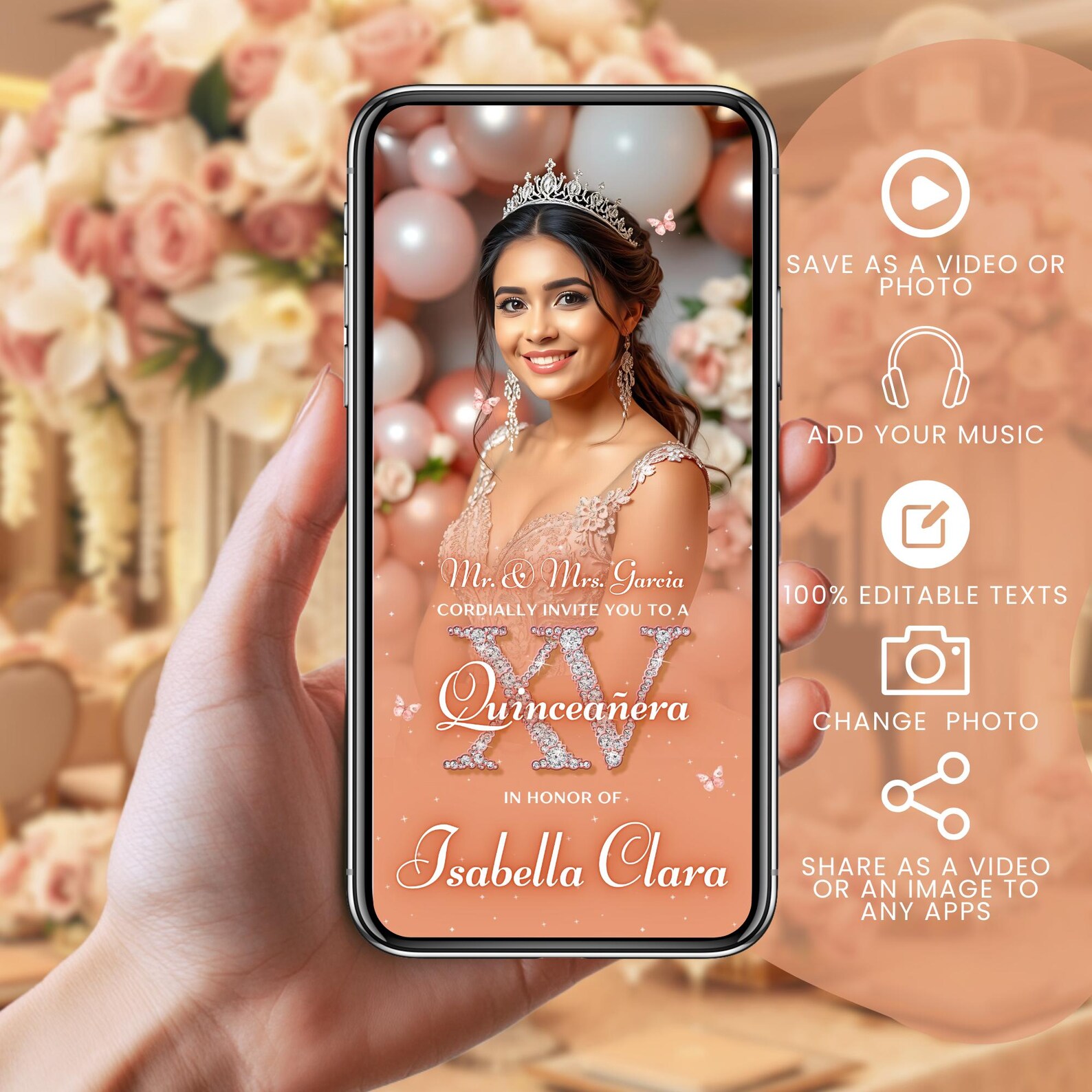 Rose Gold Quinceanera Invitation Digital: Animated Mis XV Template, 15 ...