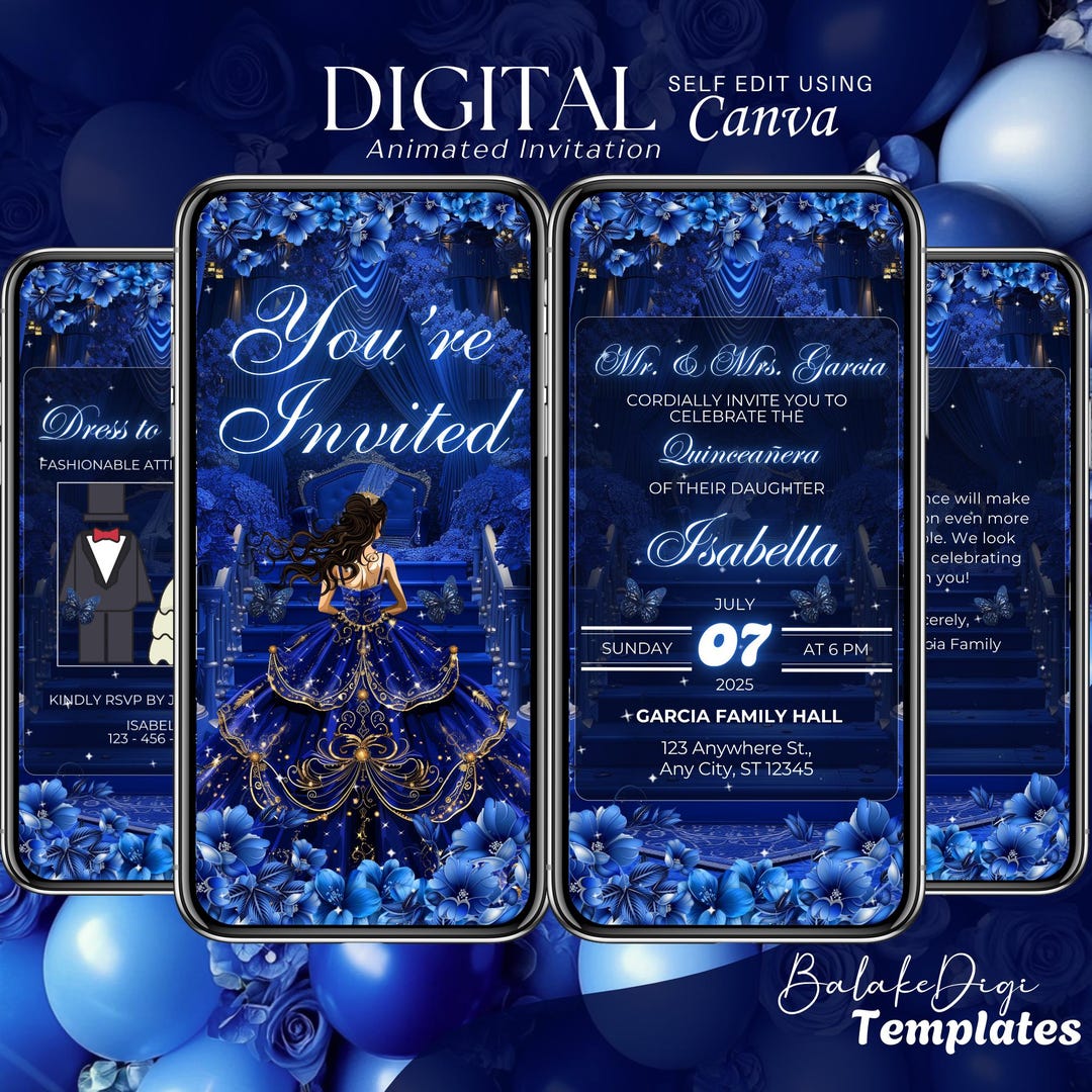 Royal Blue Quinceanera Invitation Digital, Animated Mis XV Template, 15 ...