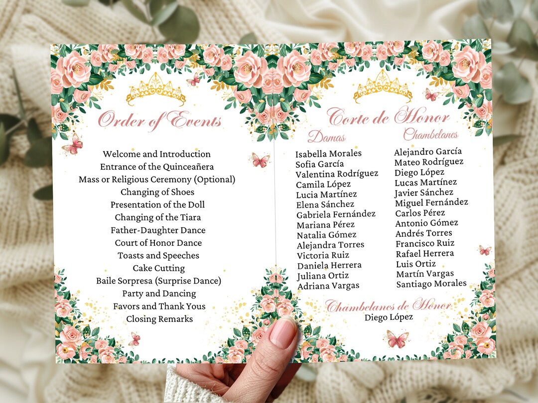 Blush Pink Quinceanera Program Template, Editable Mis XV Anos Order of ...