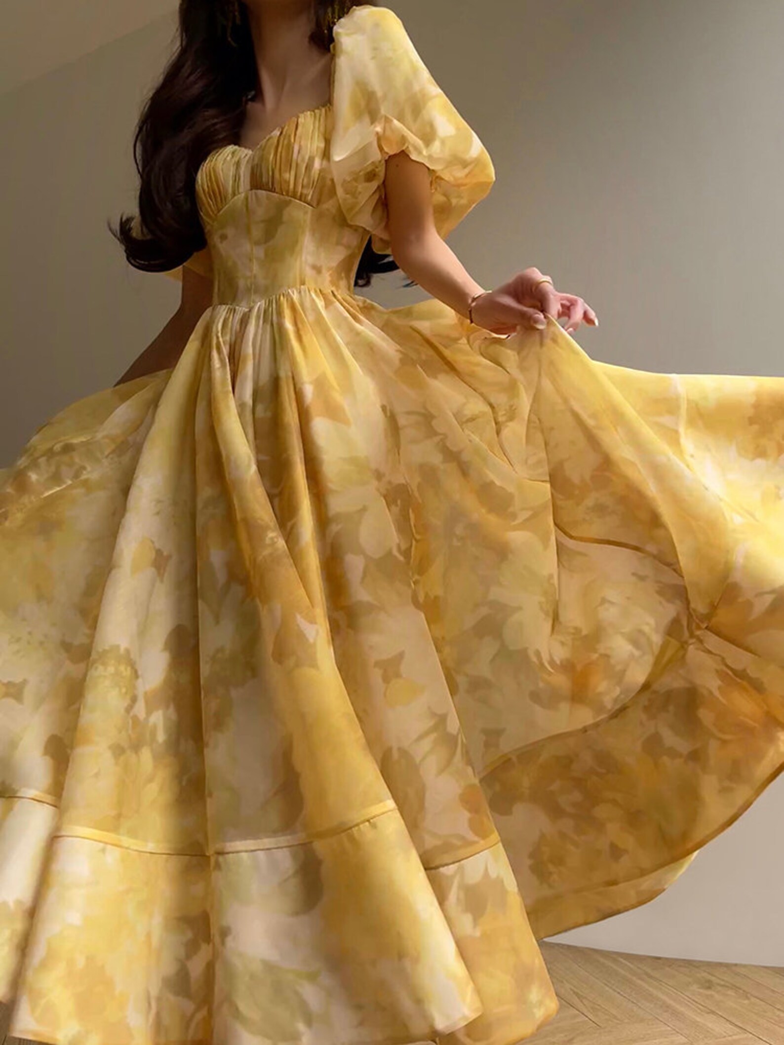 French Style Yellow Floral Dress - Etsy