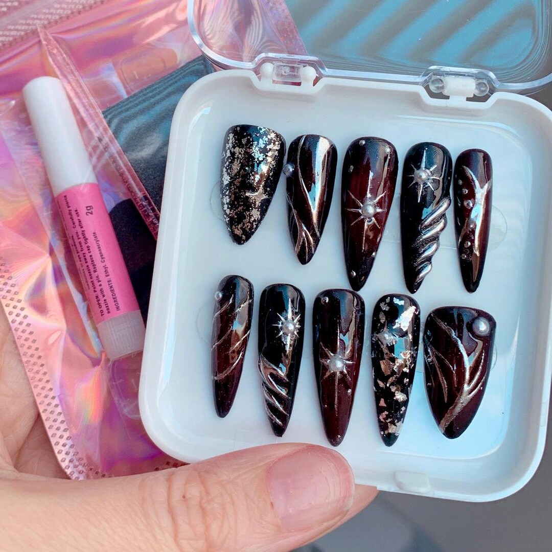 Silver Metallic Press on Nails on Black and Red Base / Metallic Accents ...